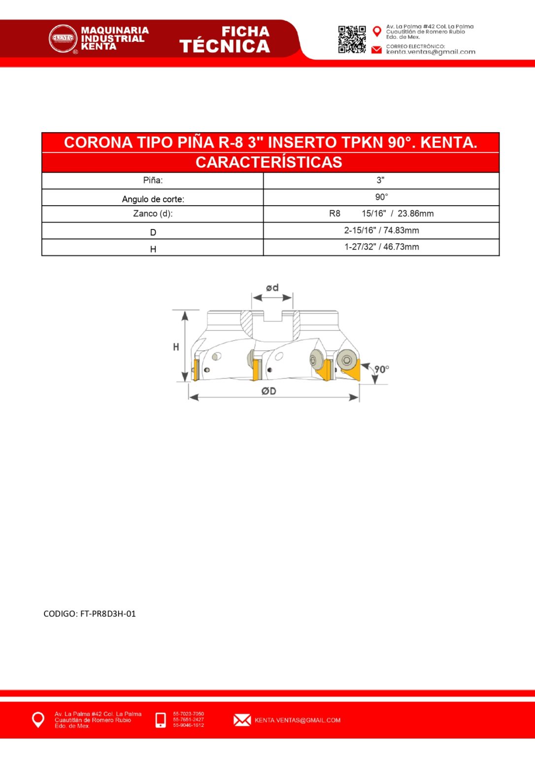 CORONA TIPO PIÑA R-8 3" INSERTO TPKN 90º KENTA - Maquinaria Industrial ...